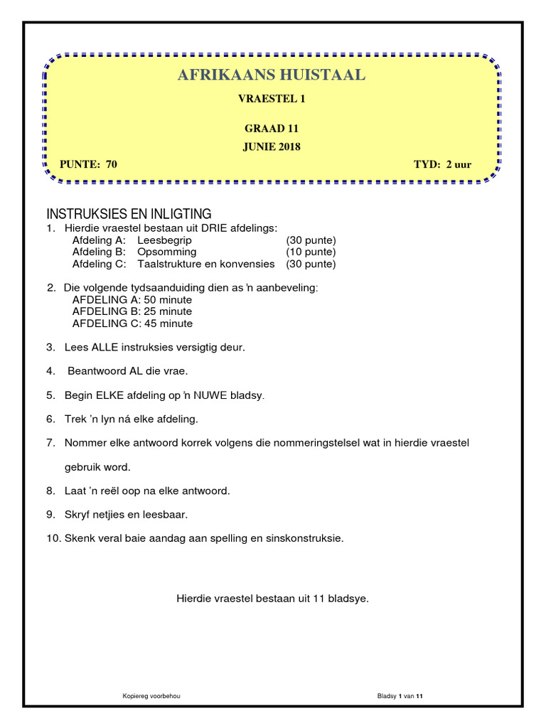 GRAAD 11 Afrikaans HUISTAAL VRAESTEL 1 JUNIE 2018 | PDF