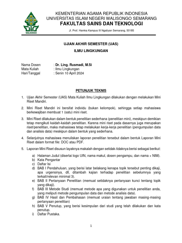 UAS Ilmu Lingkungan P. Bio - 2024 | PDF