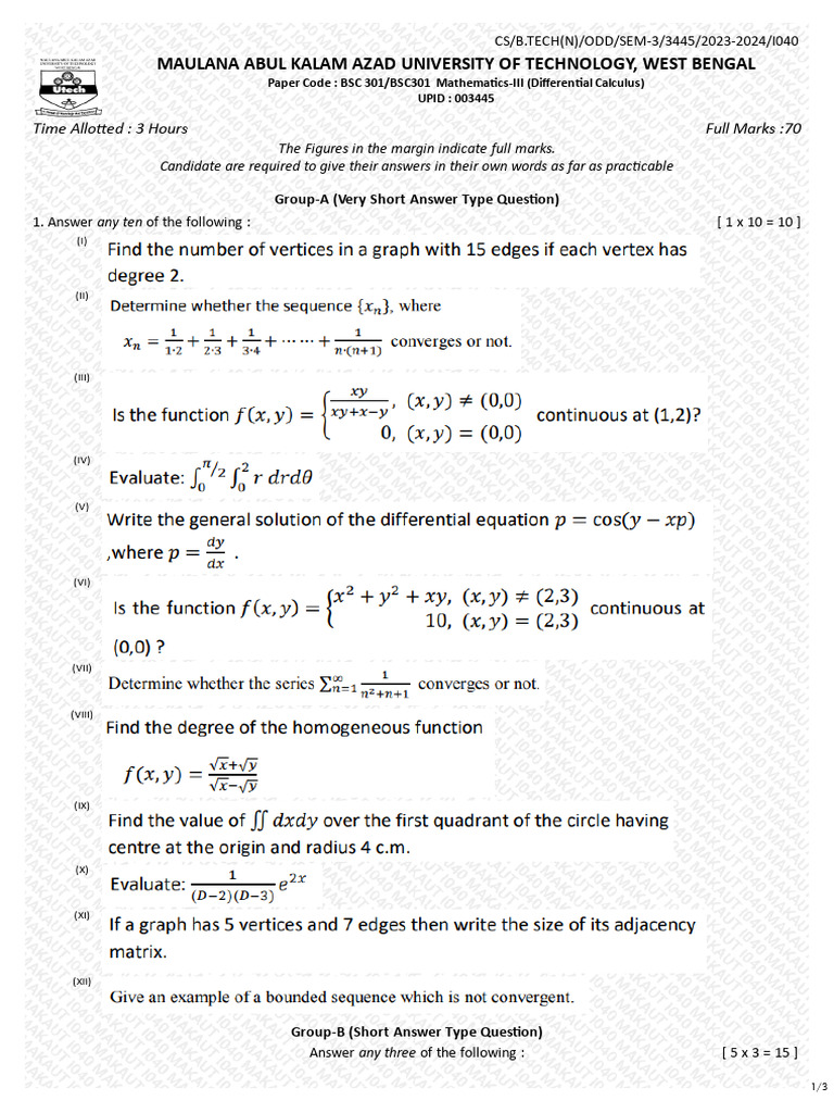 BSC 301 Mathematics-III (Differential Calculus)_3445_I040 | PDF