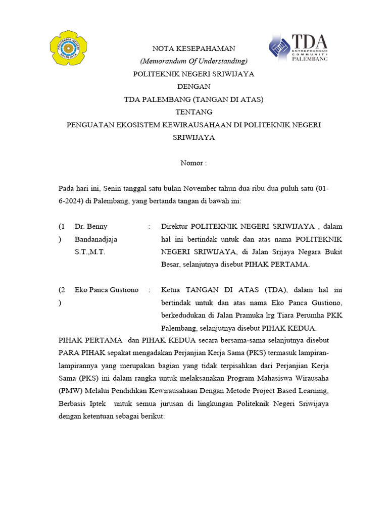 MoU Kewirausahaan Polsri-TDA | PDF | Hukum