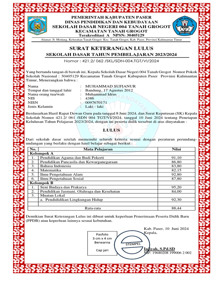 Contoh Form - SKL - 2023-2024 - Ok | PDF