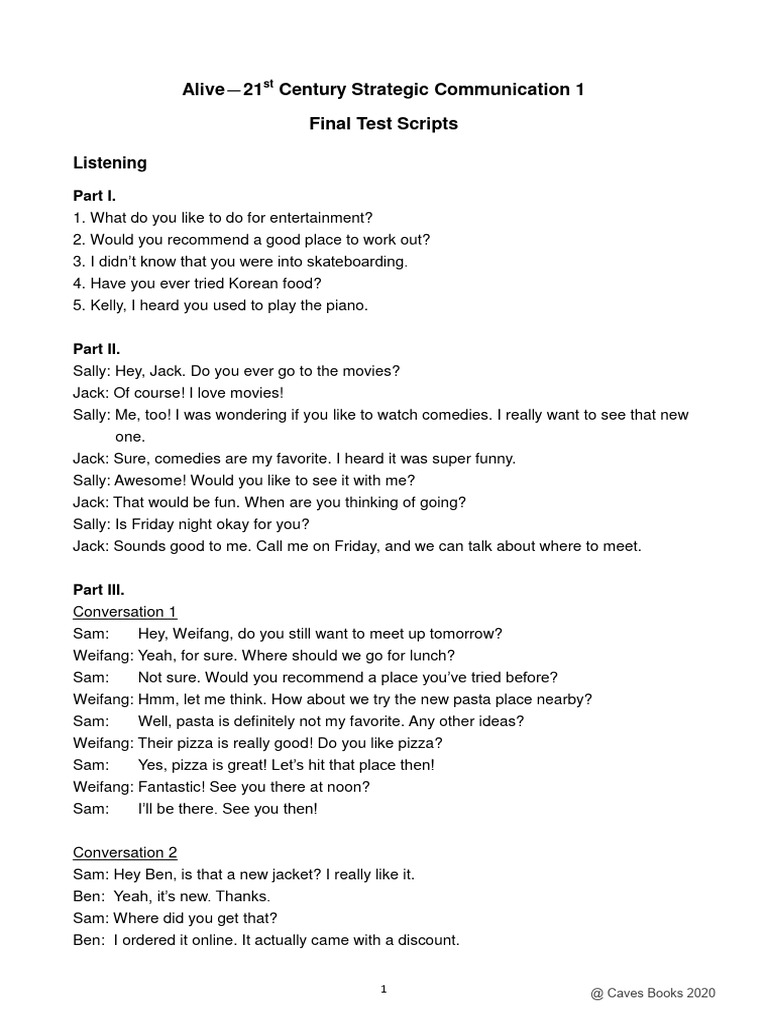 Alive-B1-Final Test Scripts+Answers PDF | PDF