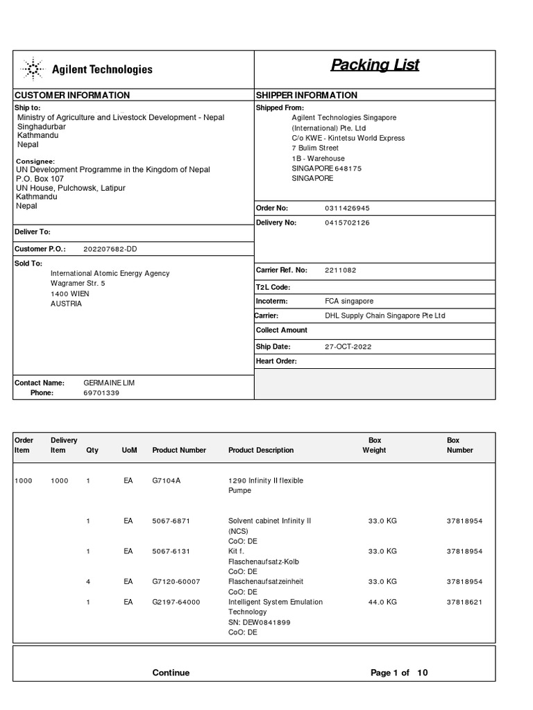 Packing List for Agilent Products | PDF | Cargo | Freight Transport