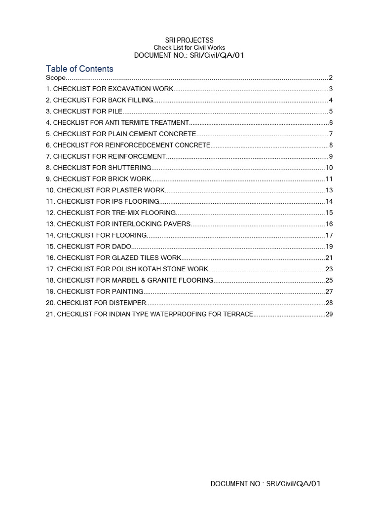 Civil 0042 CHECKLIST FOR CIVIL WORKS | PDF | Concrete | Tile