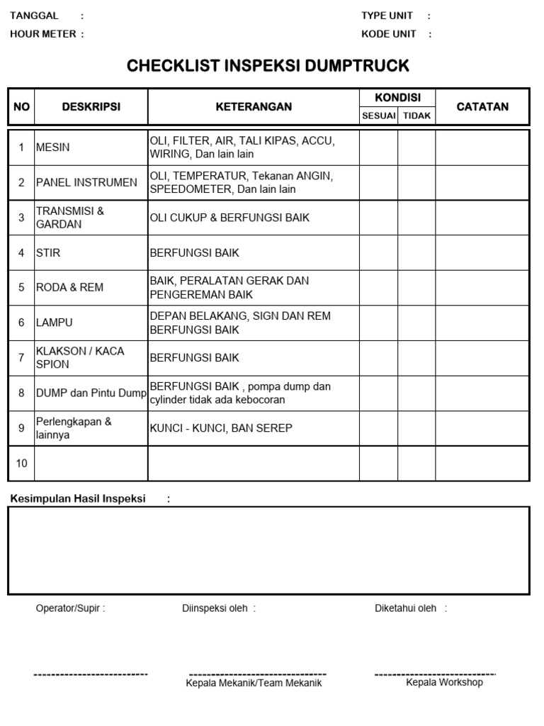 Checklist Inspeksi Dump Truck | PDF