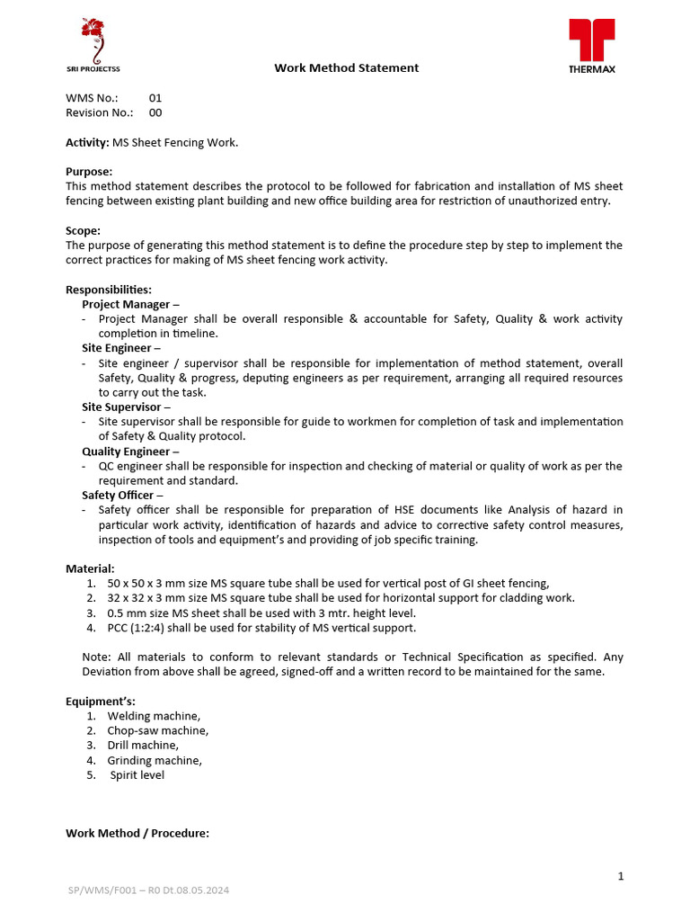 SP-WMS-R0-01 - MS Sheet Fensing | PDF | Welding | Construction