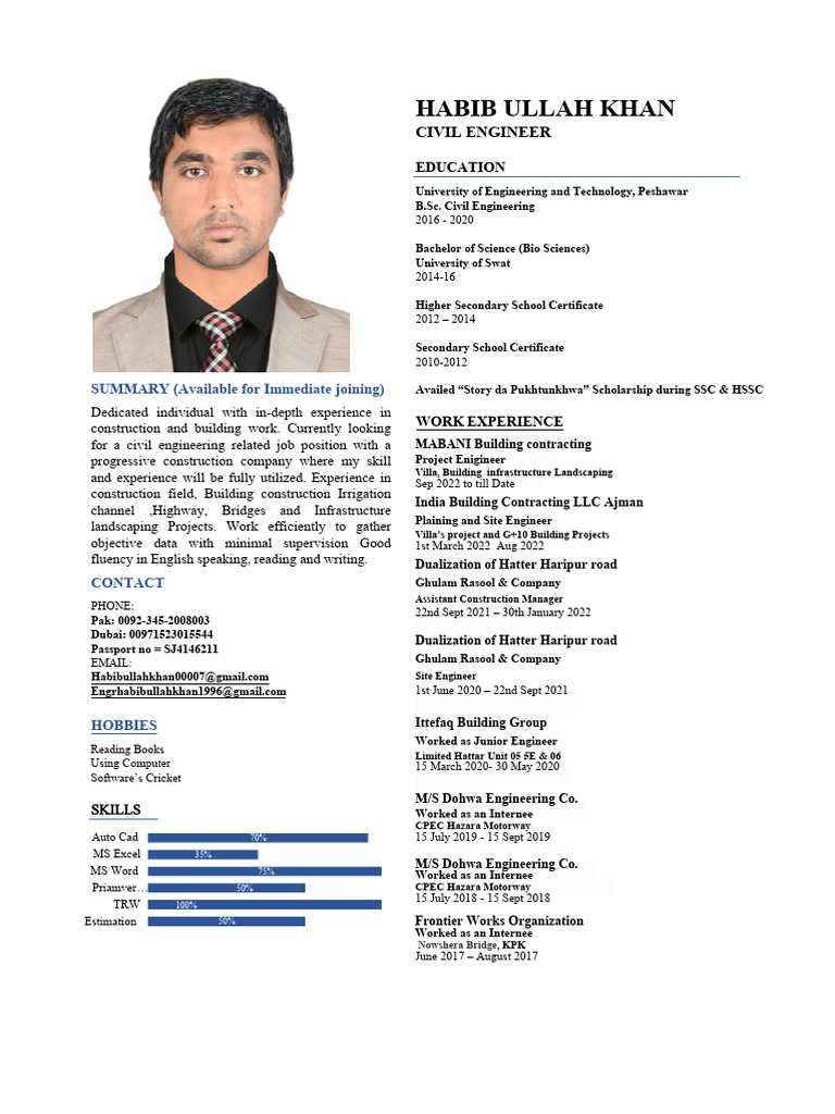 Habibullah Khan CV 2024 | PDF | Concrete | Building Engineering