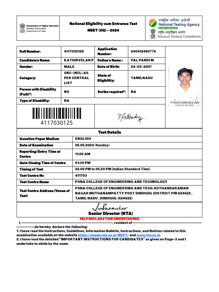 NEET UG 2024 Admit Card Details | PDF | Identity Document