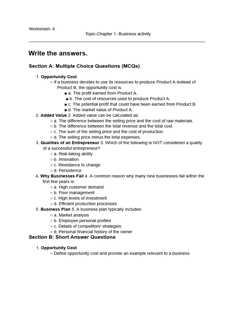 Worksheet - 4 | PDF | Opportunity Cost | Entrepreneurship