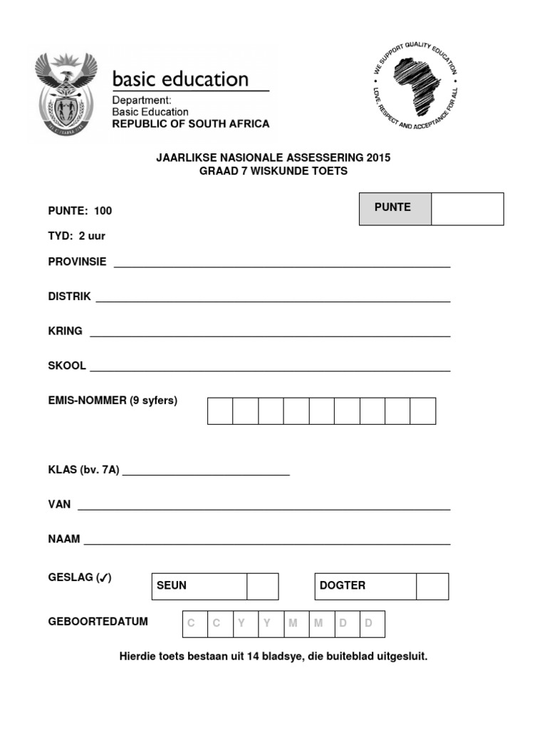 2015 ANA GR 7 Mathematics AFR Wiskunde Toets - 2015 | PDF