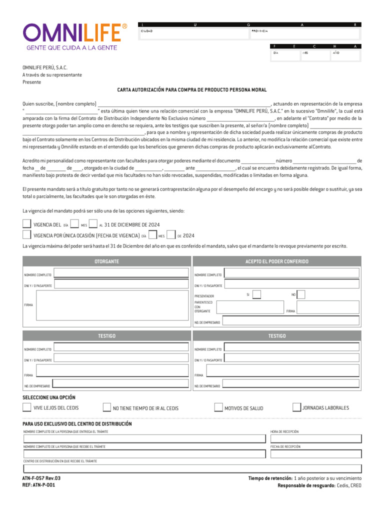 ATN-F-057 Carta Autorizacion para Compra de Producto Persona Moral Peru | PDF | Documento de ...
