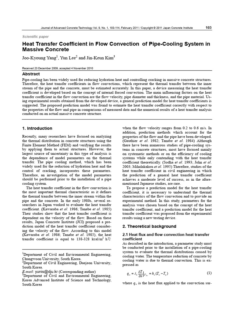(2011) Heat Transfer Coefficient in Flow Convection of Pipe-Cooling System in Massive Concrete ...