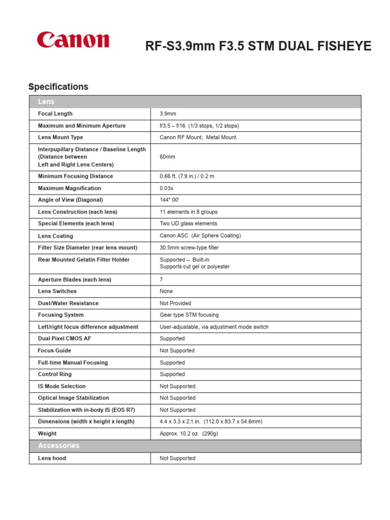 Canon RF-S3.9mm F3.5Dual Fisheye Spec Sheet | PDF