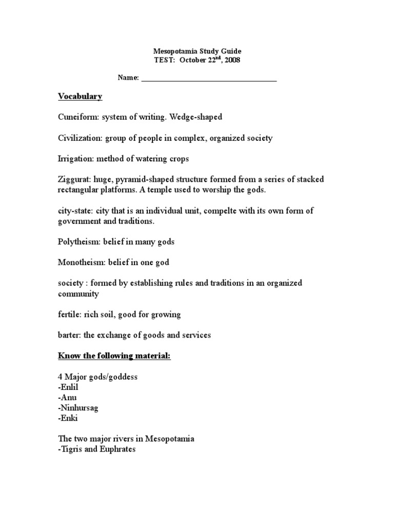 Mesopotamia Study Guide | PDF | Mesopotamia | Religion And Belief