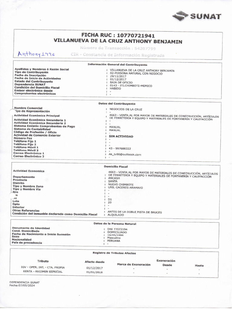 Ficha Ruc - Villanueva de La Cruz Anthony Benjamin | PDF