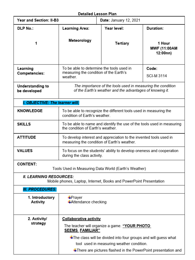 Detailed Lesson Plan - Group 3 - Tools used in measuring weather ...