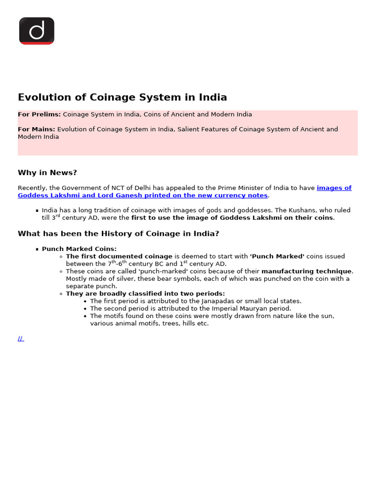 Evolution of Coinage System in India | PDF | Coins | Currency