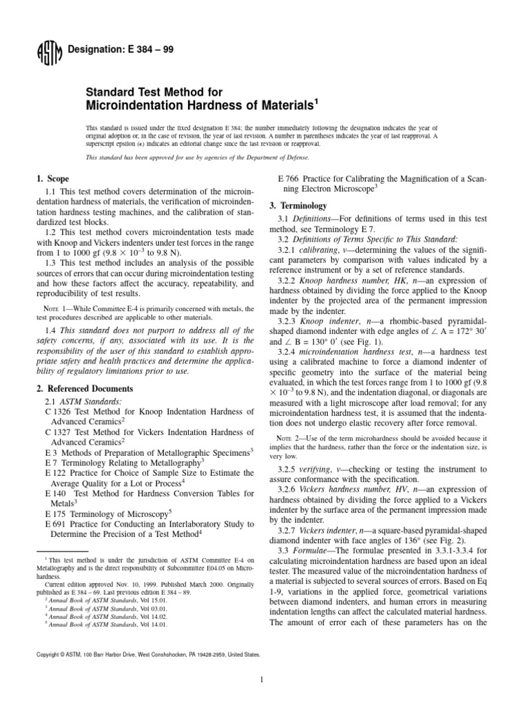 ASTM -E384 Standard Test Method for Microindentatio | PDF | Physical ...