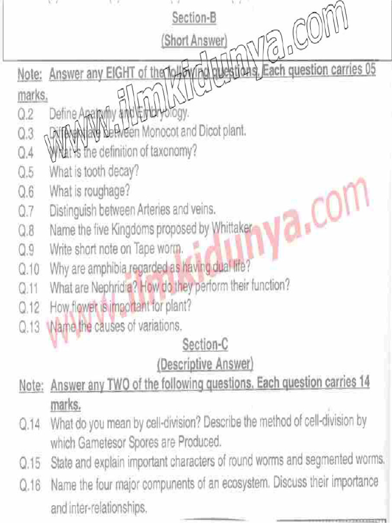 Past Papers 2016 Mirpurkhas Board 9th Class Biology Subjective | PDF