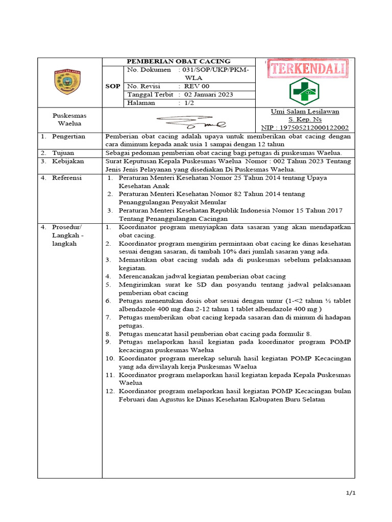 Sop Pemberian Obat Cacing | PDF | Sains & Matematika