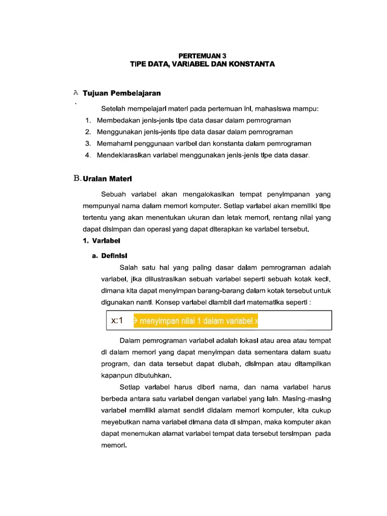Tipe Data, Variabel Dan Konstanta | PDF