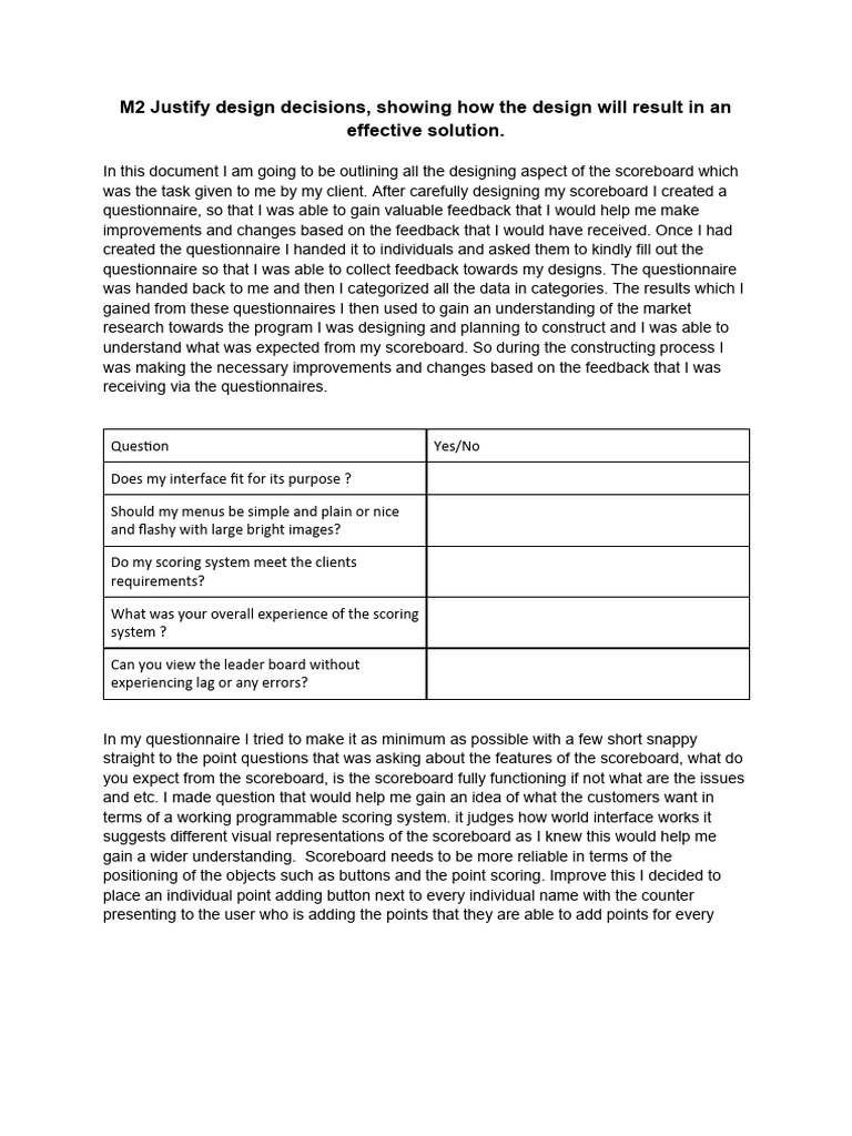 M2 Justify Design Decisions, Showing How The Design Will Result in An ...