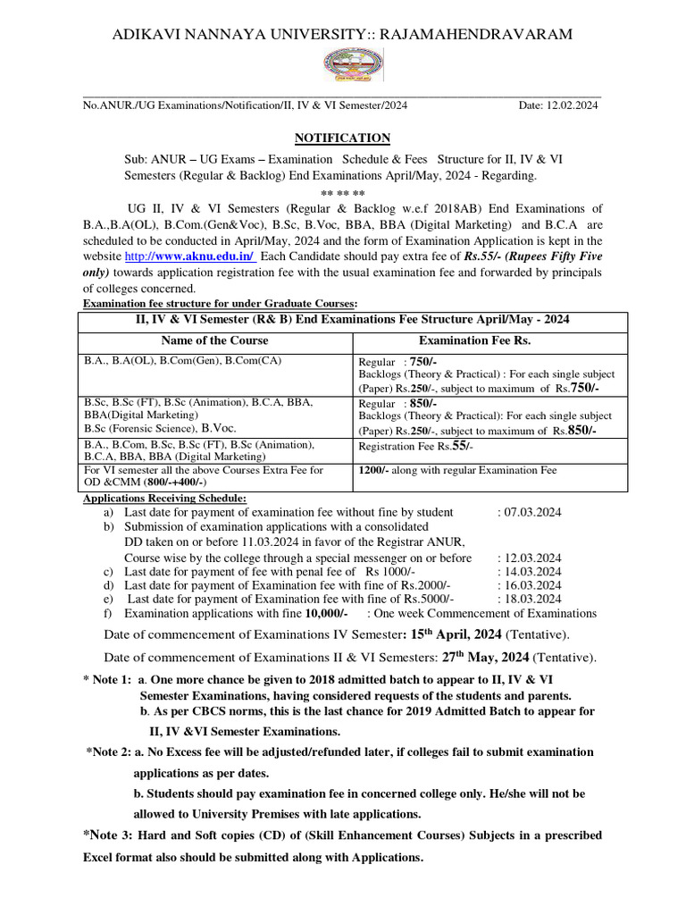 II, IV & VI SEM Notification 2024 | PDF