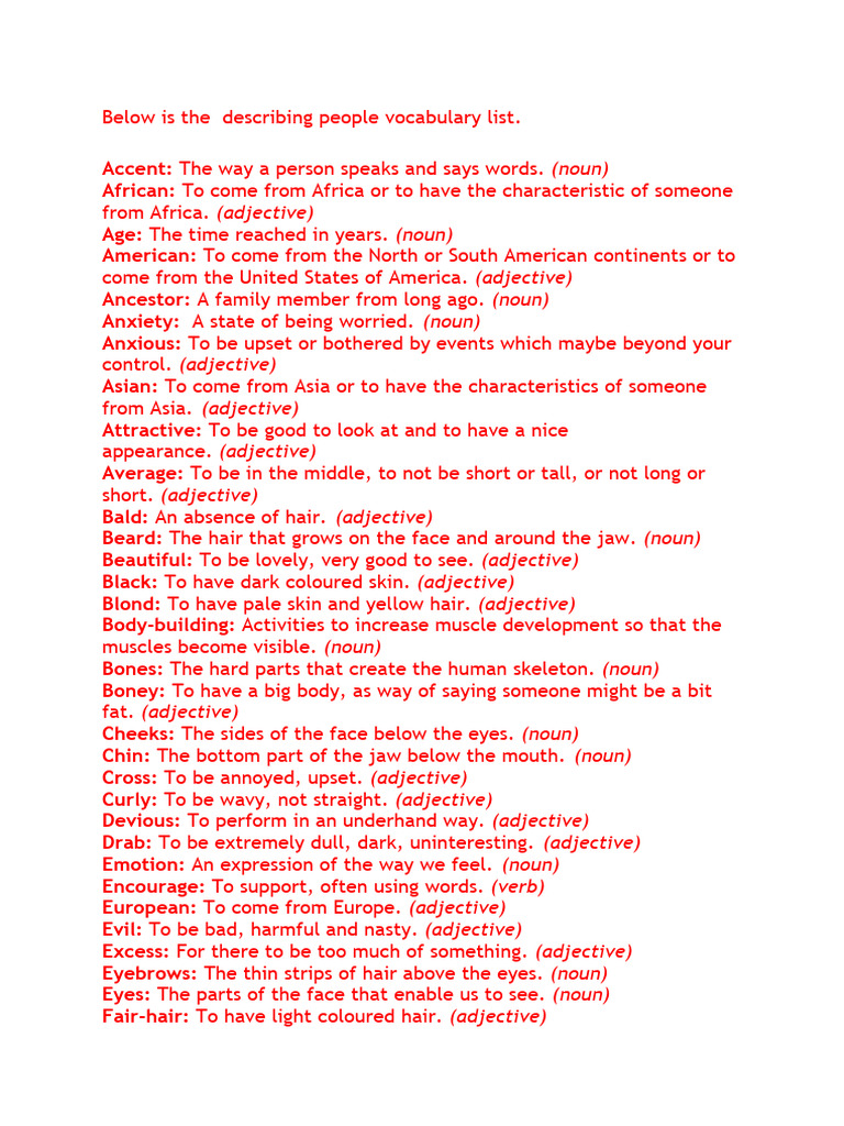 describing_people_vocabulary_list | PDF | Adjective | Noun