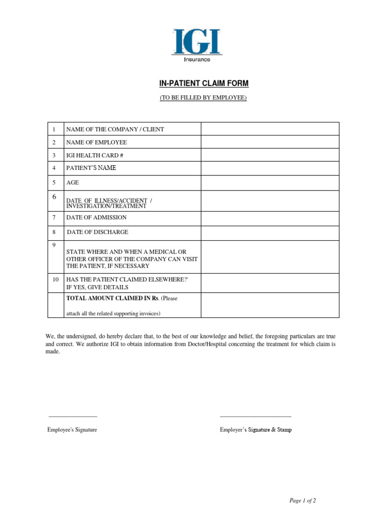 IPD Claim Form - IGI General | PDF | Patient | Hospital