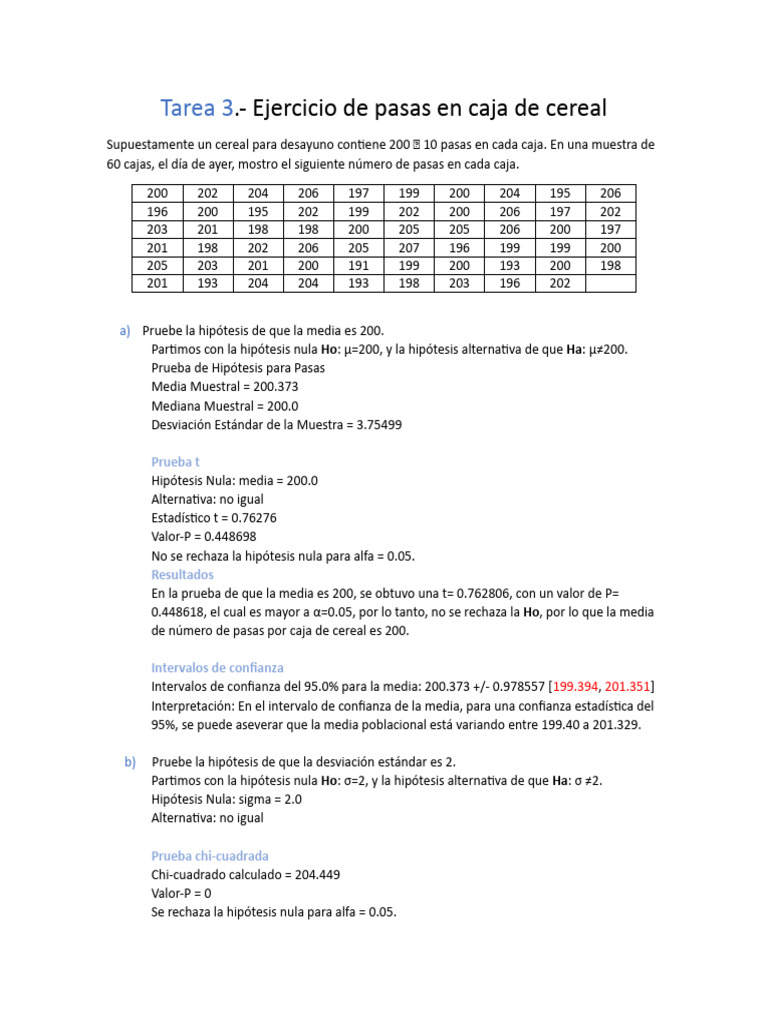 Tarea 3. - Ejercicio de Pasas en Caja de Cereal | PDF | Valor P | Intervalo de confianza