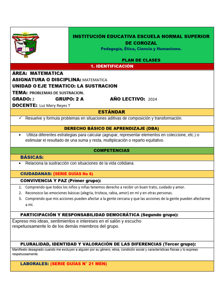 plan de clase de matematica problemas de sustracion terminado | PDF | Sustracción