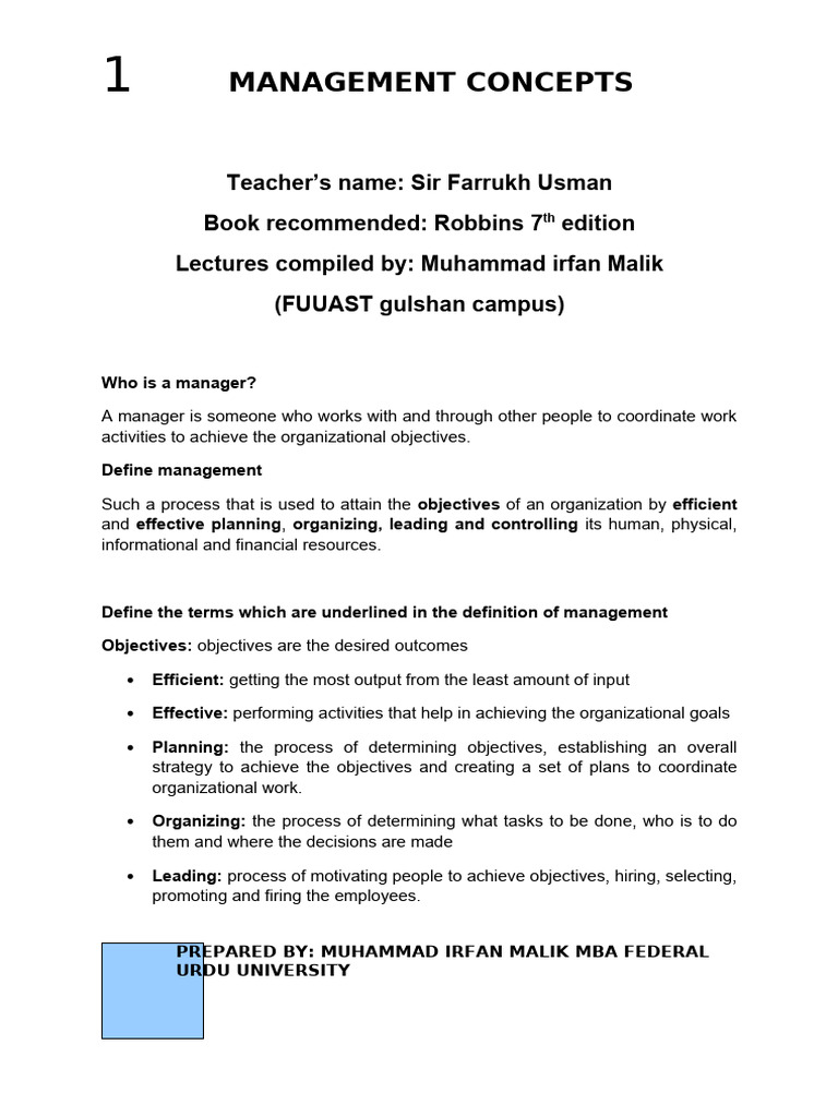 Notes of Management Concepts | PDF | Leadership | Business