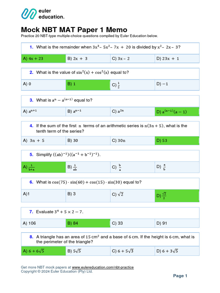 NBT MAT Paper 1 Memo Rev2 | PDF | Area | Pi