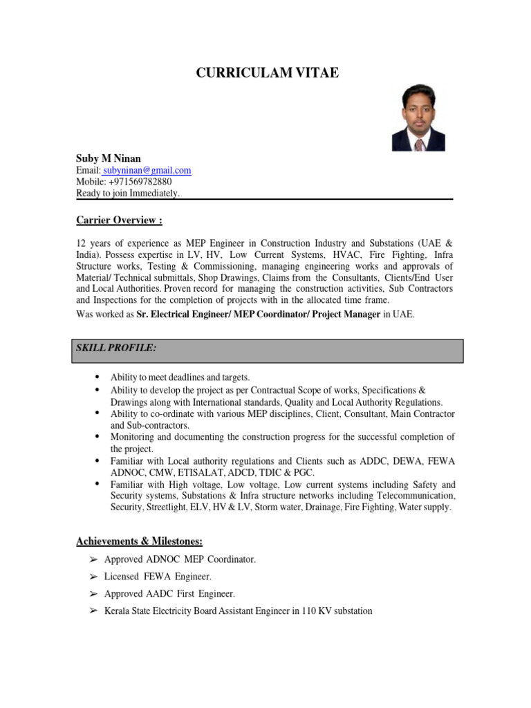 Curriculam Vitae: Suby M Ninan | PDF | Electrical Substation | Cisco ...