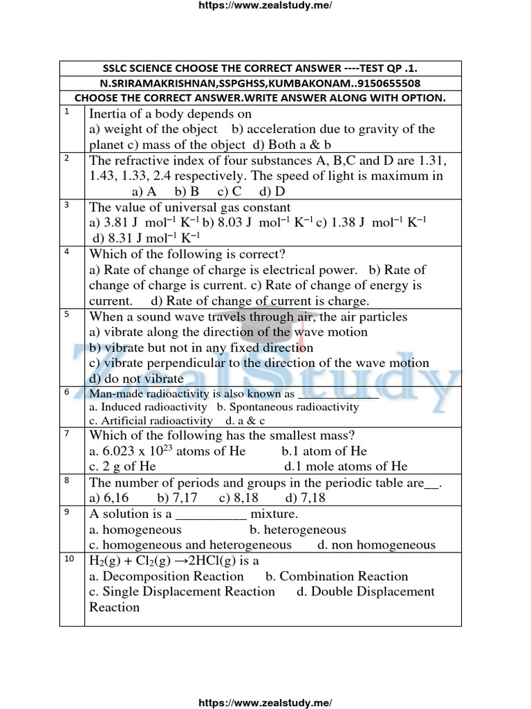 Zeal Study SSLC SCIENCE CHOOSE THE CORRECT ANSWER Class Test QP | PDF ...