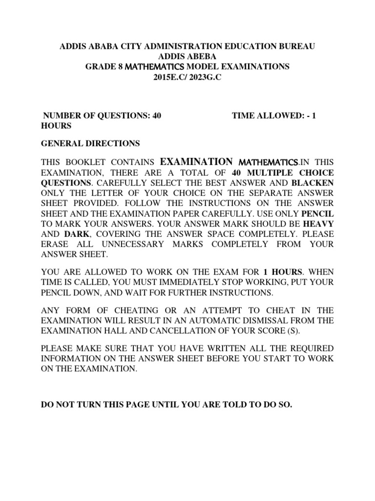 Maths Grade-8 Model 2015 | PDF