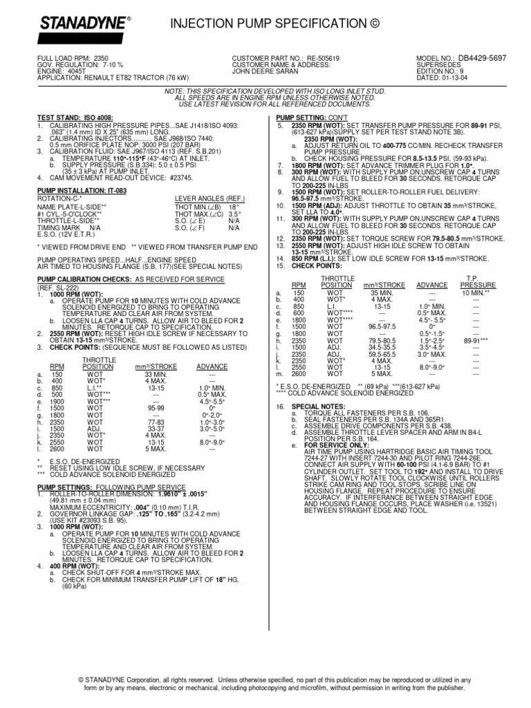Injection Pump Specification © | PDF | Pump | Throttle