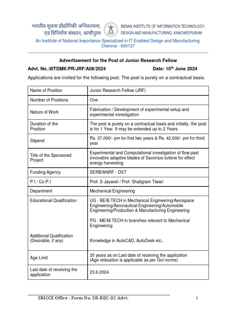 Advertisement For The Post of JRF | PDF | Engineering
