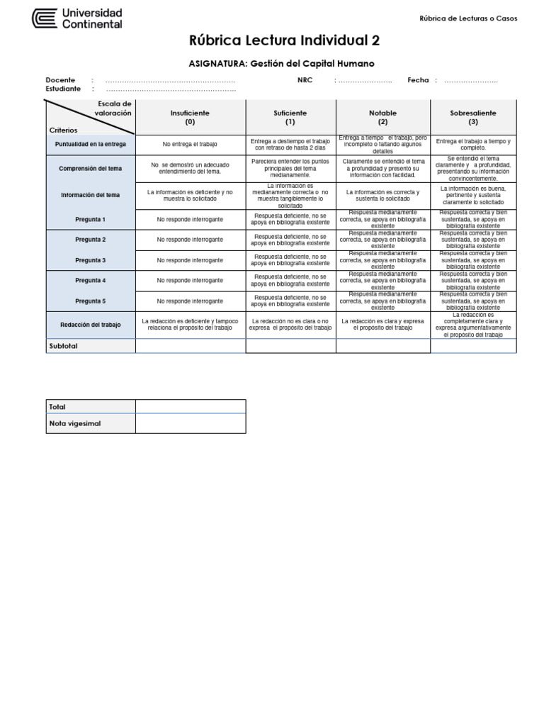 Rúbrica lectura Individual 2 GCH | PDF