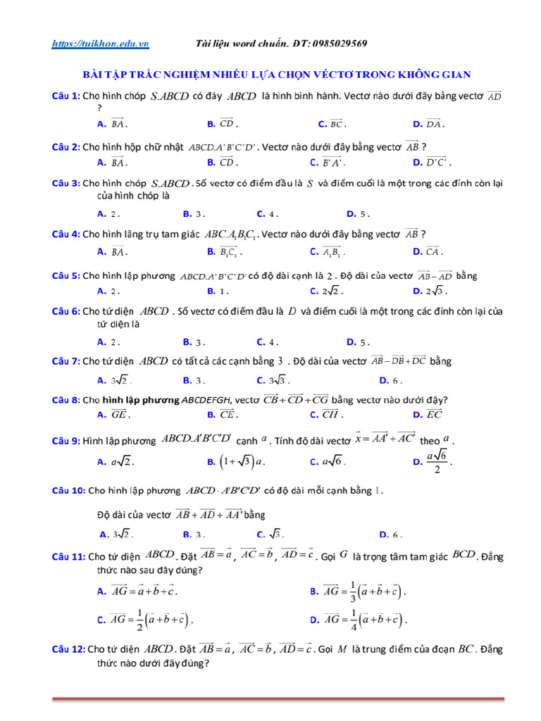 12tn Nhieu Lua Chon Vecto Trong Kgde Hs 1600 PDF - Gdrive.vip | PDF