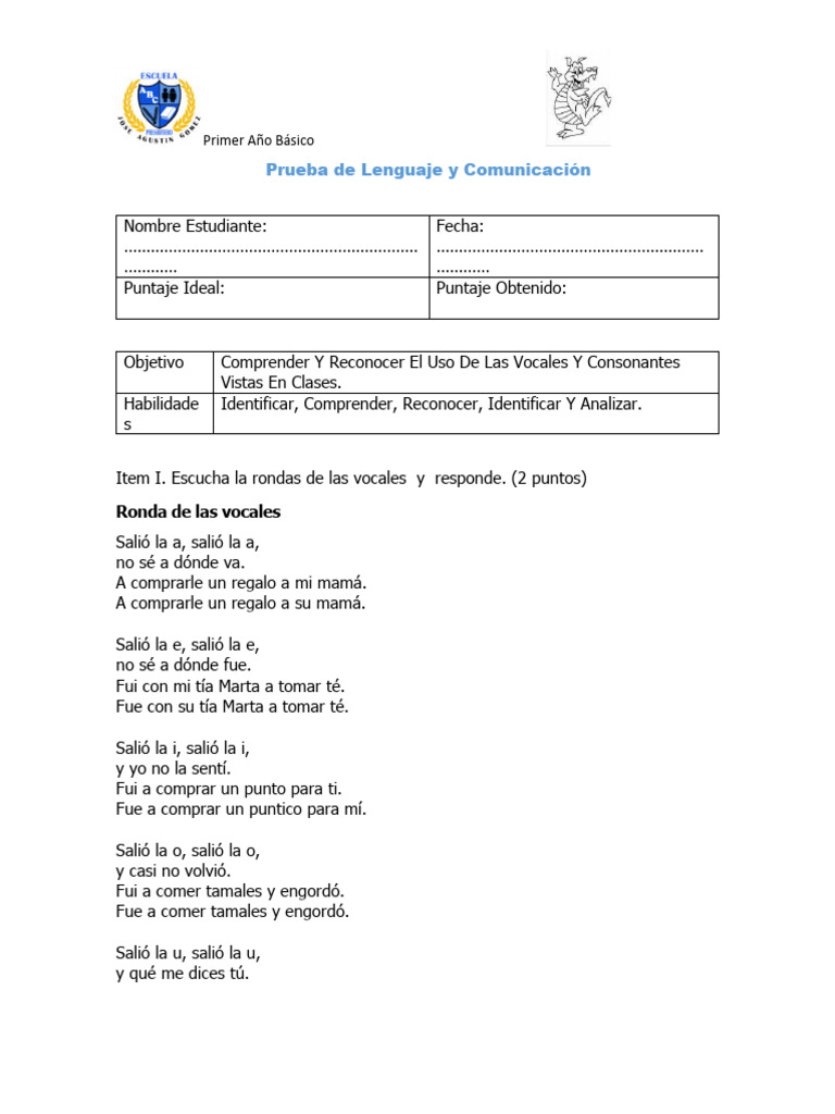 PRUEBA DE LENGUAJE Y COMUNICACIÓN PRIMER AÑO BASICO n°2 | PDF | Panes