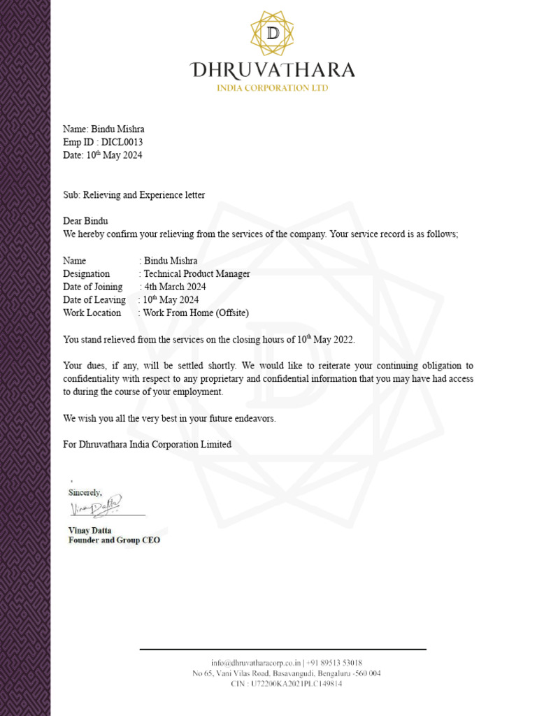 Bindu Mishra - DICL - Relieving and Experience Letter | PDF | Career ...