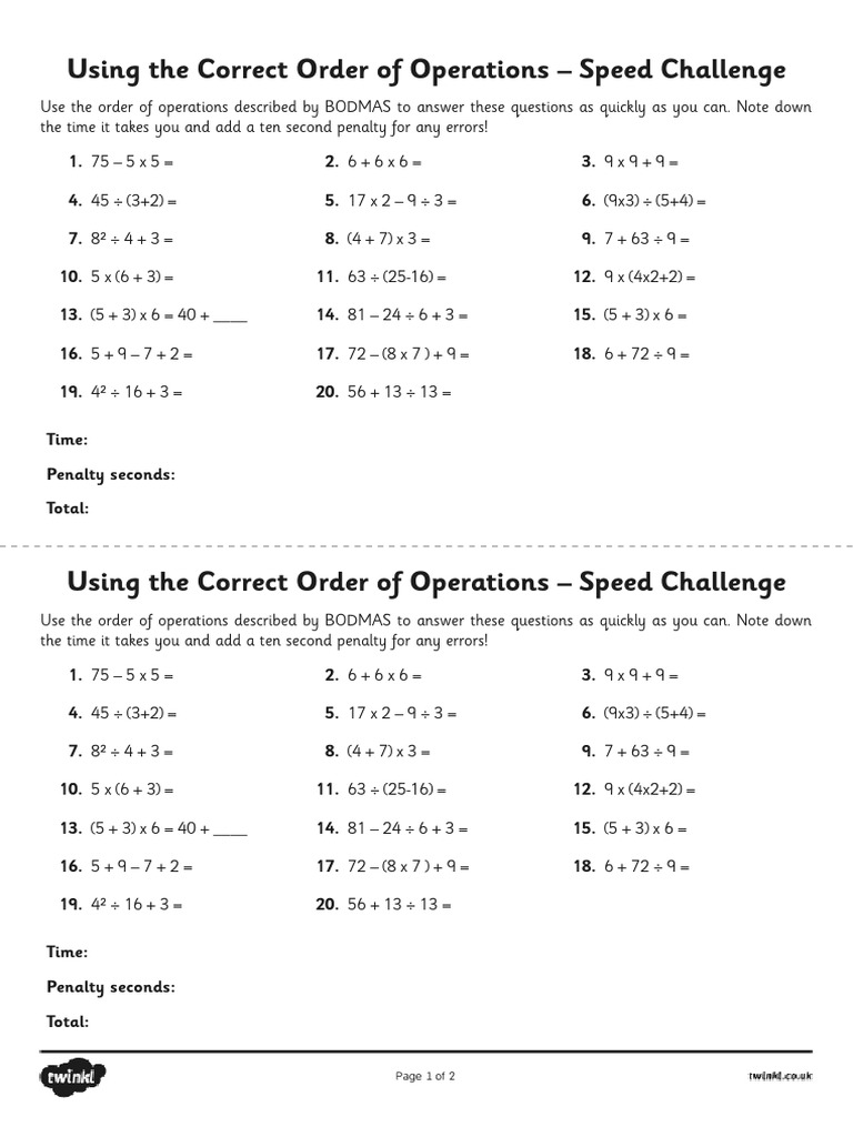 T2 M 1463 Using The Correct Order of Operations Speed Challenge Ver 3 | PDF