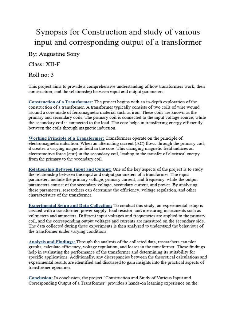 Synopsis For Physics Project | PDF | Transformer | Inductor