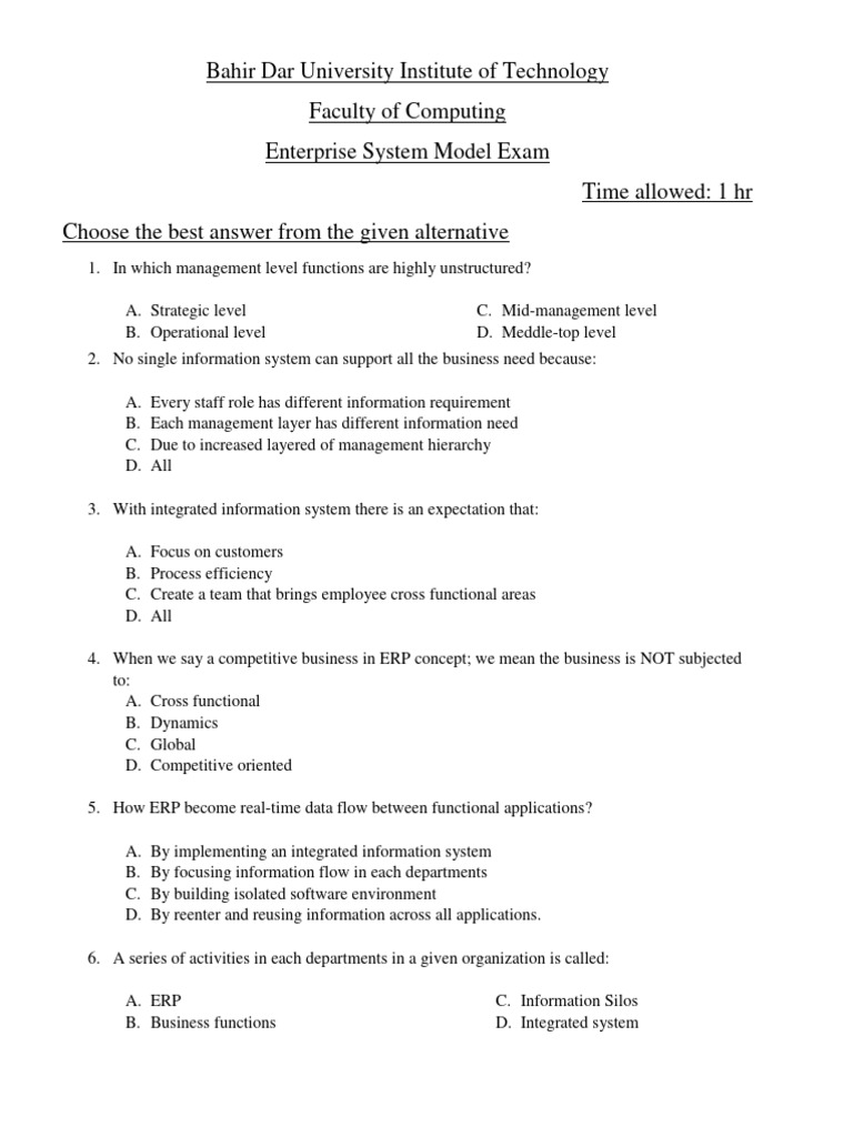 Enterprise Syetm Model Exam | PDF | Enterprise Resource Planning | Supply Chain Management