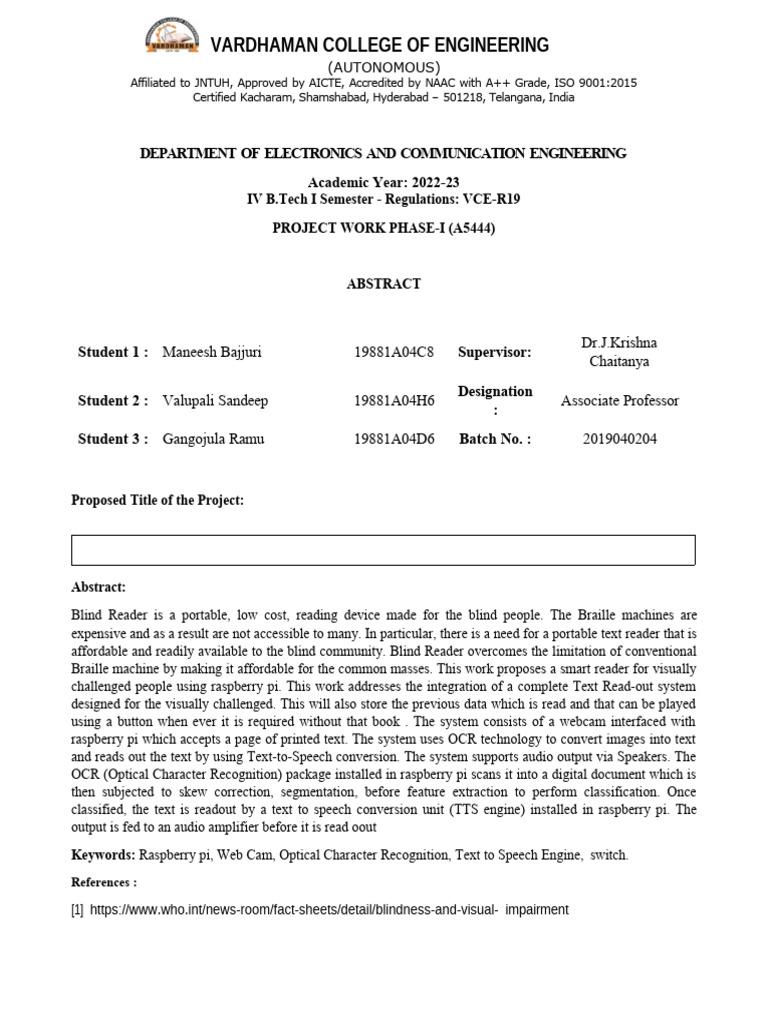B.tech Major Project Abstract 2022 - 23 | PDF | Optical Character Recognition | Visual Impairment