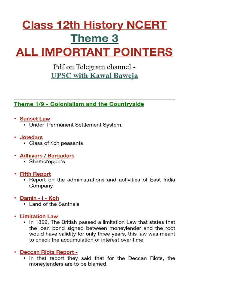 Hisotry Ncer _ Theme 3 _ Class 12 _ Important Pointers | PDF