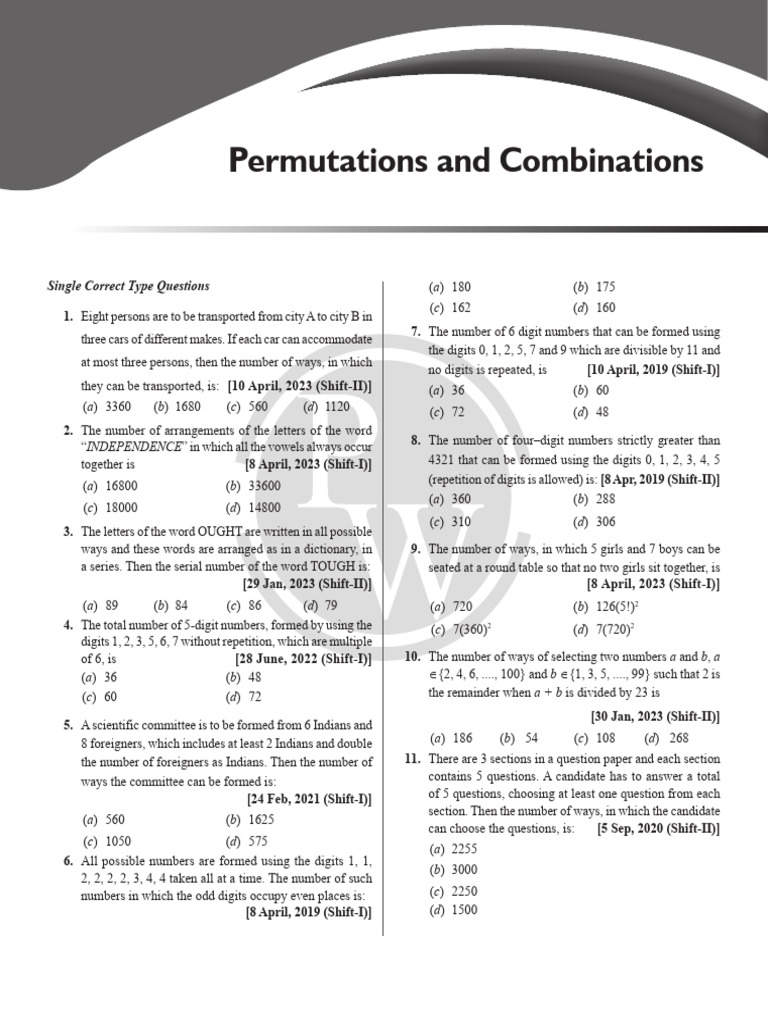 JEE Math: Permutations & Combinations | PDF | Numbers | Permutation