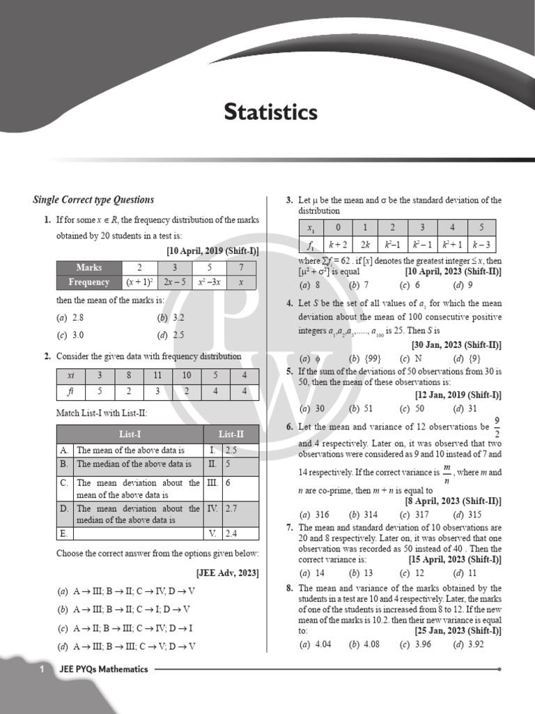 Statistics _ PYQ Practice Sheet | PDF | Variance | Standard Deviation