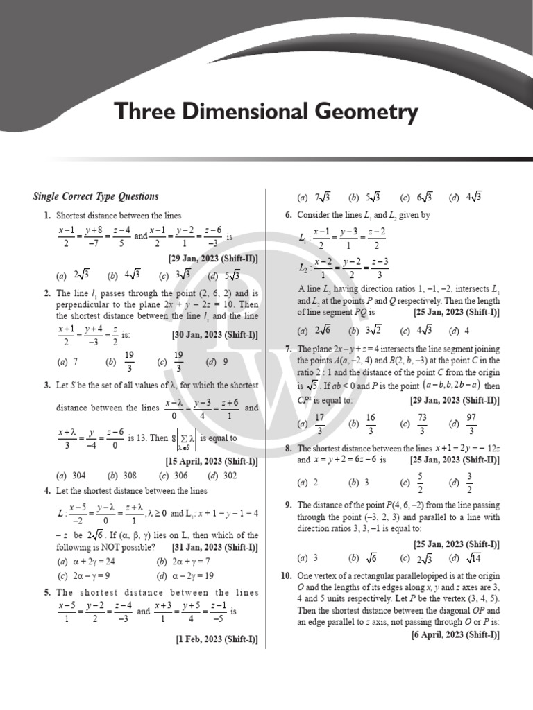 Three Dimensional Geometry - PYQ Practice Sheet | PDF | Euclid ...